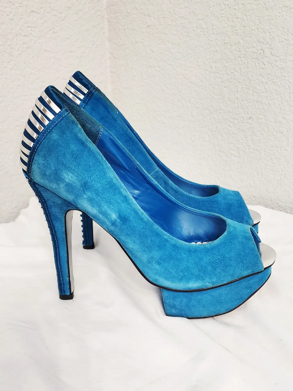bebe | Shoes | Bebe Blue Suede Peeptoe Platform Heels With Silver Toe ...